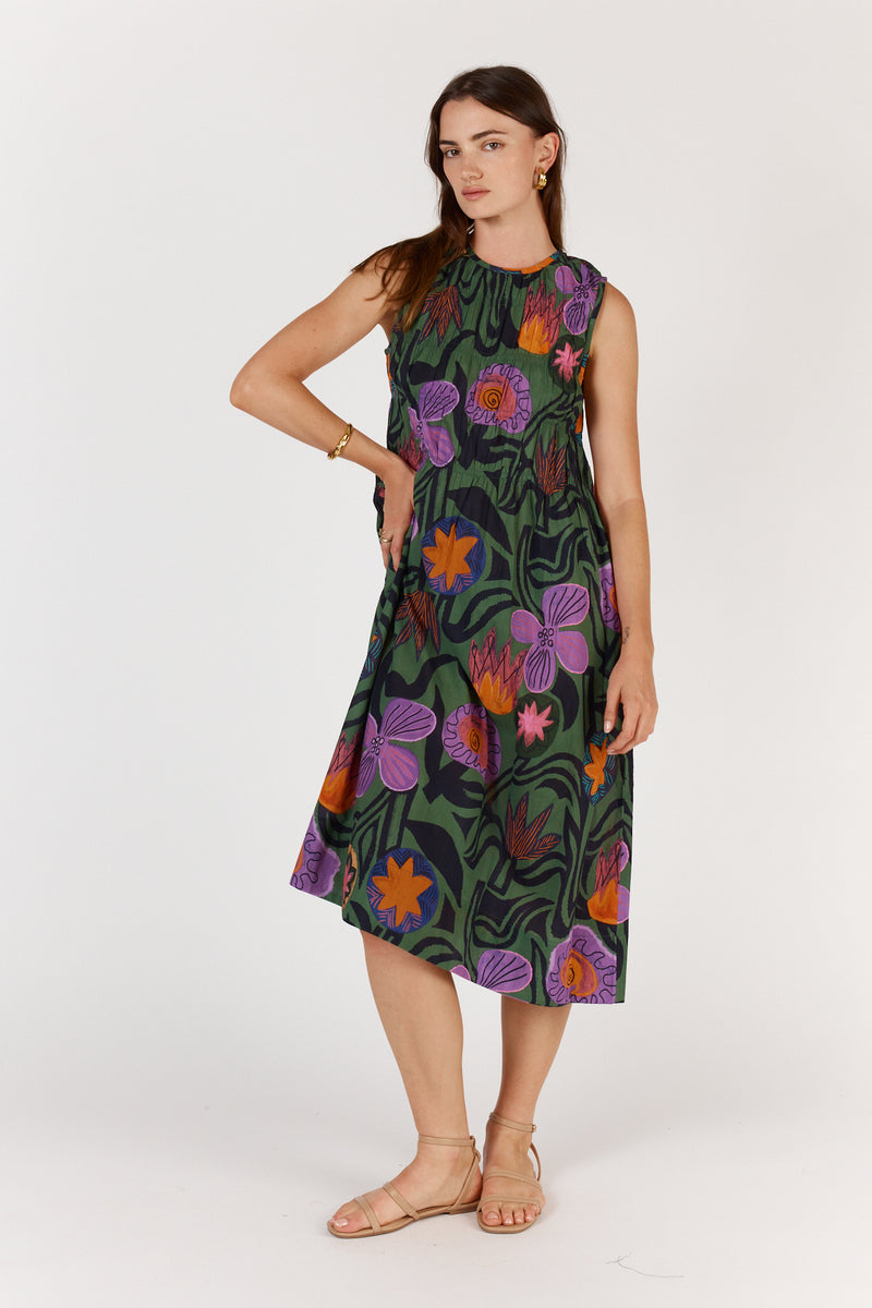 Itami Machala Ruched Dress – Sleeveless Cotton Midi, Australian Design – Kabana Shop