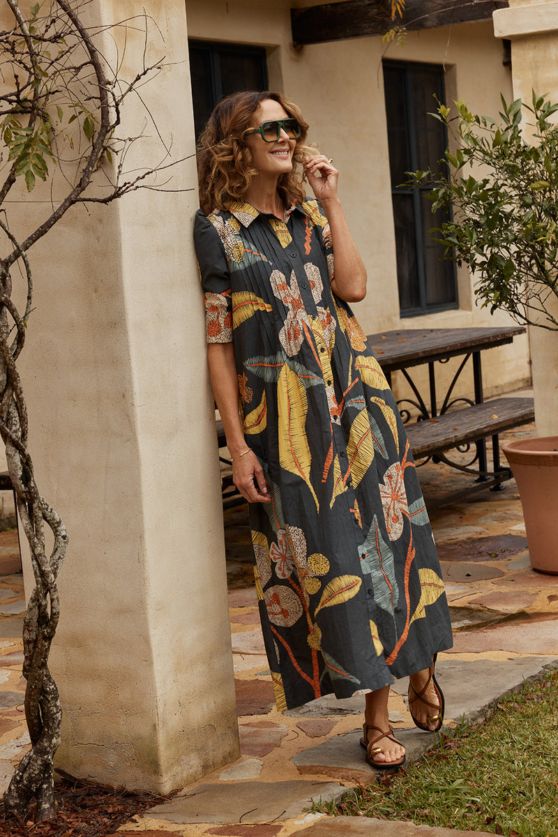 Itami Bloomfield Midi Dress – 100% Cotton Pleated Dress with Pockets – Kabana Shop