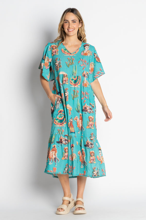 LulaLife Arriba Midi – Cotton Retro Print Tiered Midi Dress – Kabana Shop